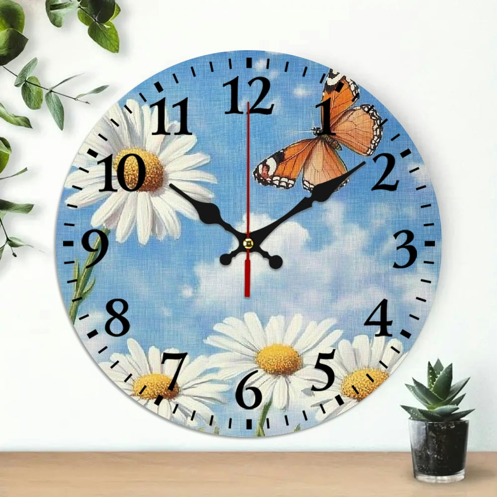 Chilfamy Daisies Butterfly Blue Sky Theme Wooden Wall Clock, 10 Inch ...