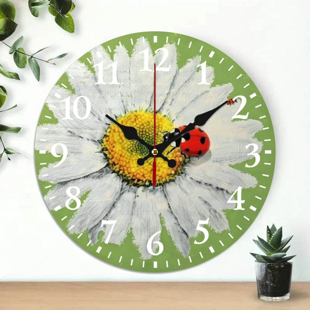 Chilfamy Daisy Ladybug Green Background Wooden Wall Clock 10 Inch ...