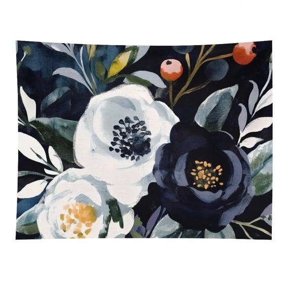 Chilfamy Dark Floral White Flowers Berries Polyester Wall Tapestry Anti ...