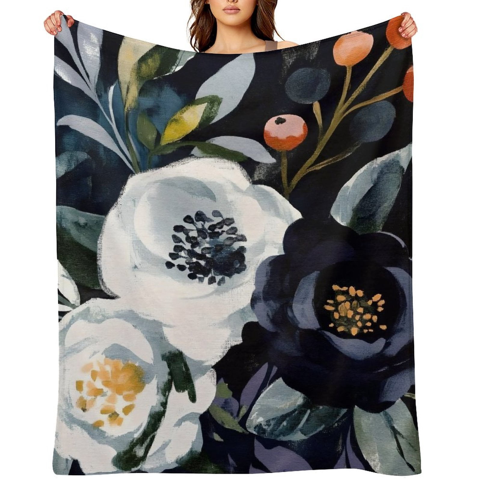 Chilfamy Dark Floral White Flowers Berries Soft Flannel Throw Blanket ...