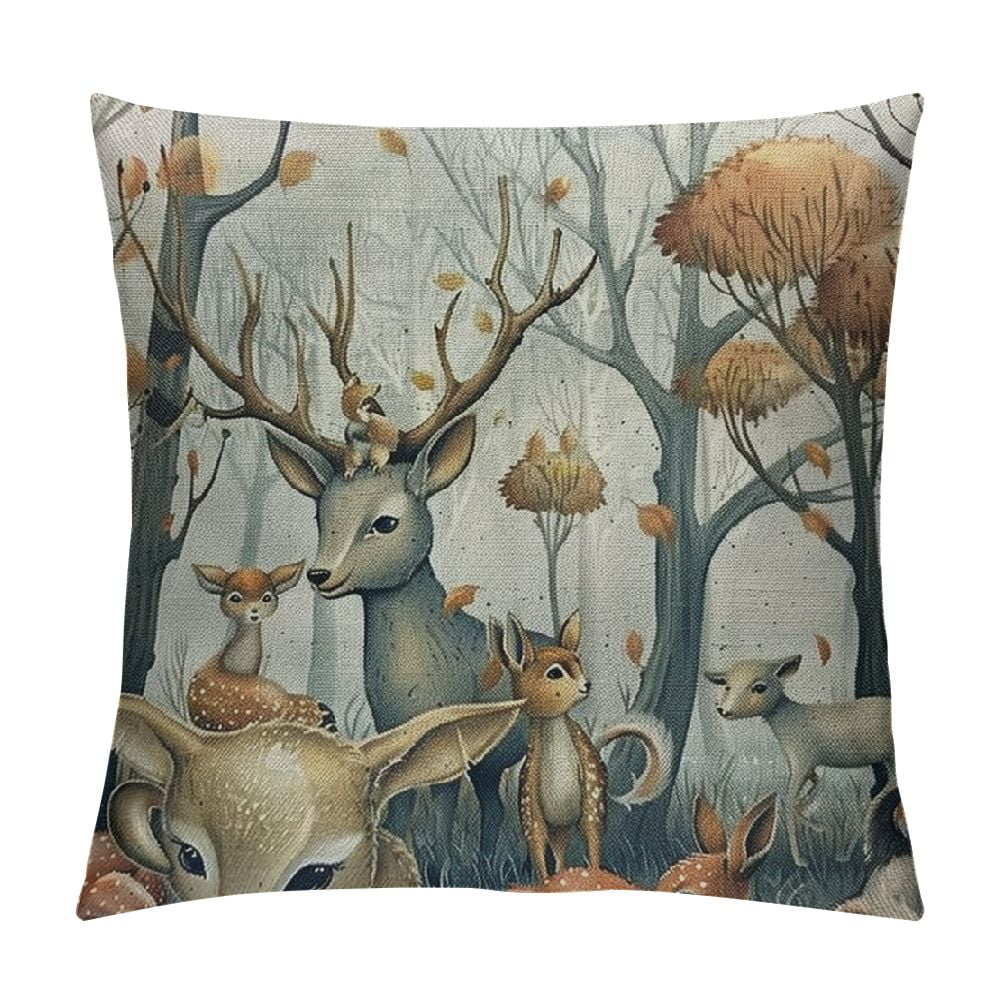 Chilfamy Deer Animal Throw Pillow Cover Woodland Rabbit Tree Forest ...