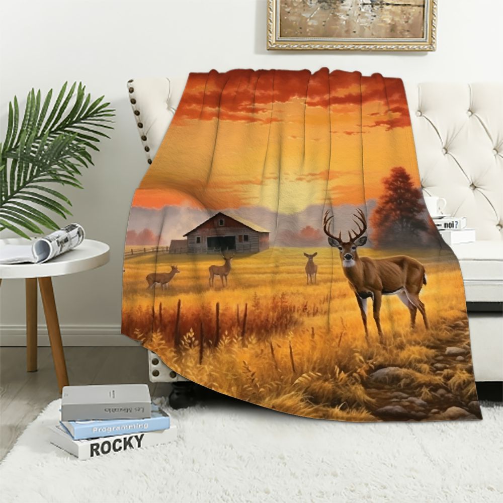 Chilfamy Deer Barn Sunset Print Flannel Throw Blanket for Bed Sofa ...