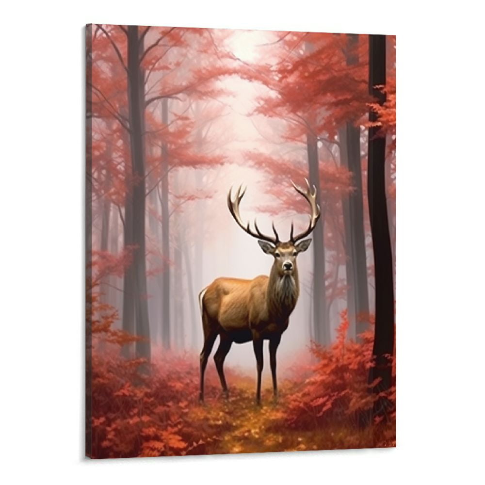 Chilfamy Deer in Red Autumn Foggy Forest Picture Elk Decor Canvas ...