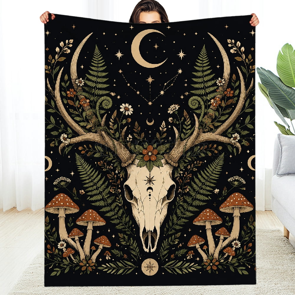 Chilfamy Deer Skull with Antlers and Forest Flora Decorative Blanket ...