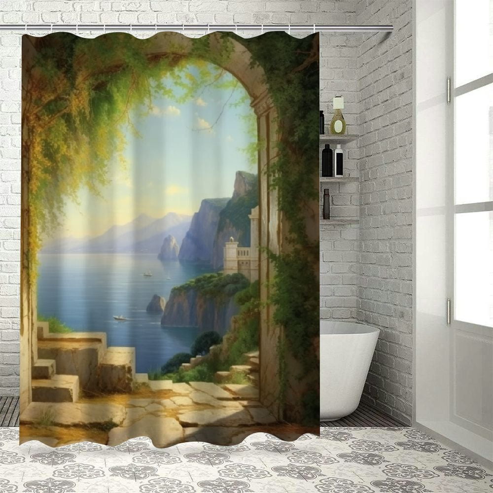 Chilfamy Detailed Matte Painting Printed Shower Curtain Set with Hooks ...