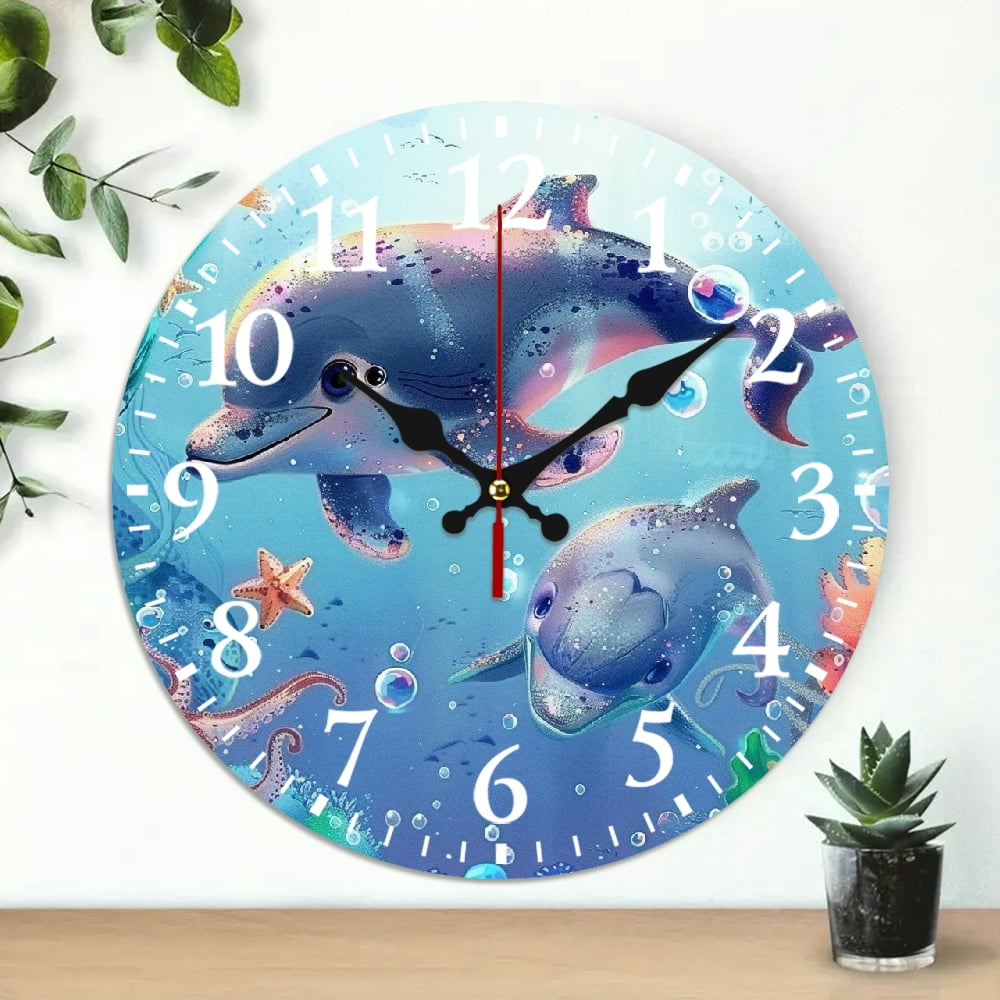 Chilfamy Dolphin Starfish Bubbles Theme Wooden Wall Clock, 10 Inch ...