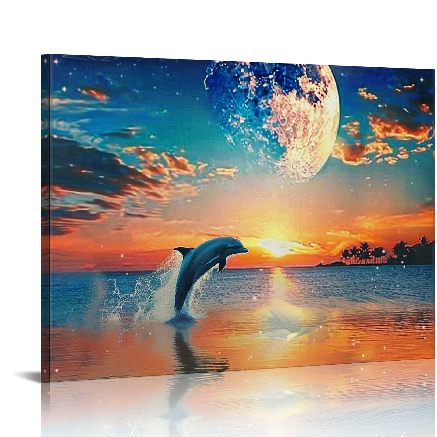 Chilfamy Dolphin Sunset Moon Wooden Framed Canvas Painting Art Modern ...