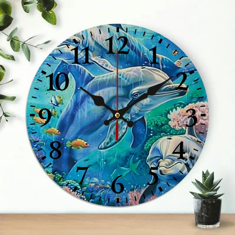 Chilfamy Dolphins Coral Reef Ocean Theme Round Wooden Wall Clock 10 ...
