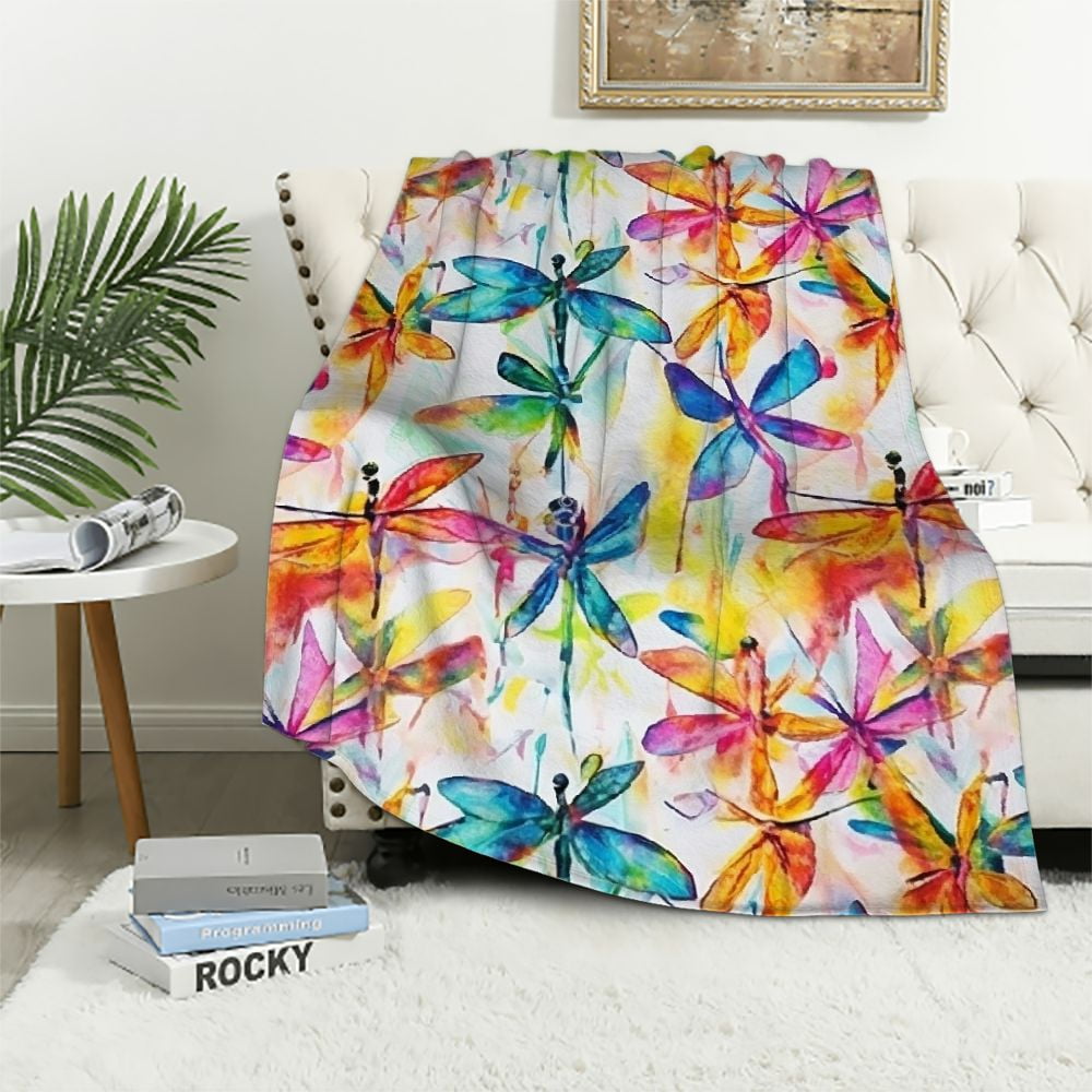 Chilfamy Dragonfly Blanket Colorful Dragonflies Throw Blanket Botanical ...