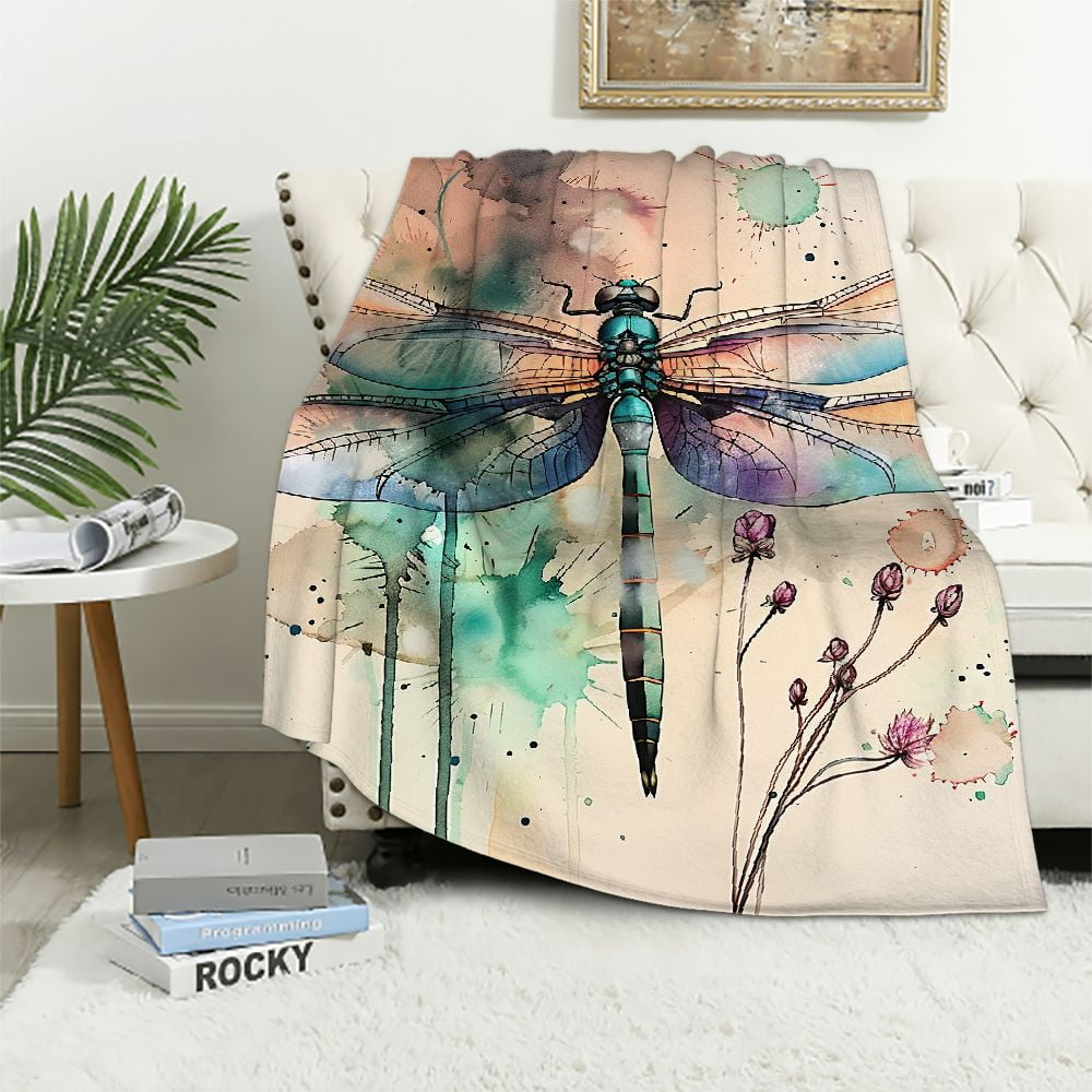 Chilfamy Dragonfly Flower Watercolor Flannel Throw Blanket for Couch ...