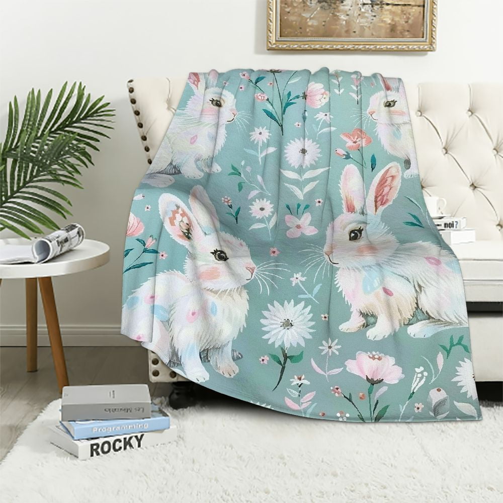 Chilfamy Easter Spring Throw Blanket Bunnies and Flowers Throw Cozy ...