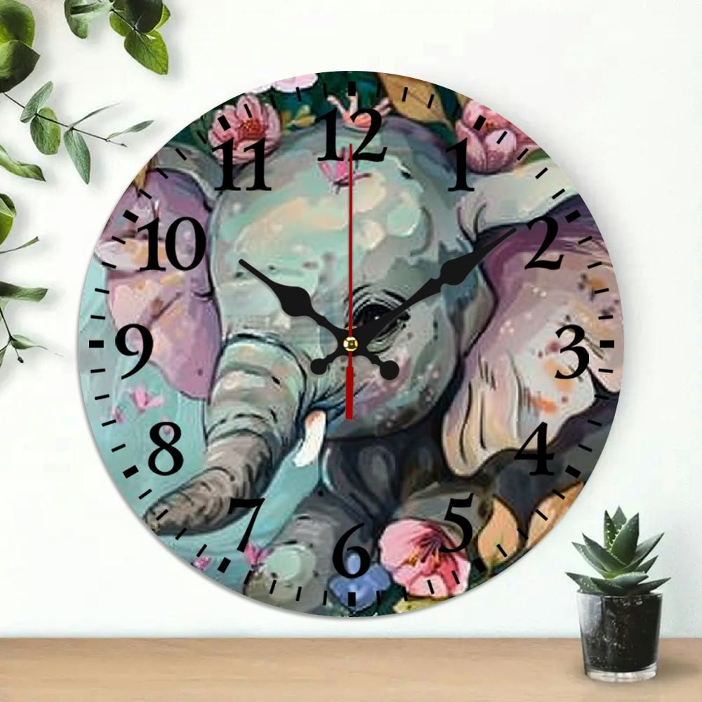 Chilfamy Elephant Flowers Baby Elephant Round Wooden Wall Clock Battery ...