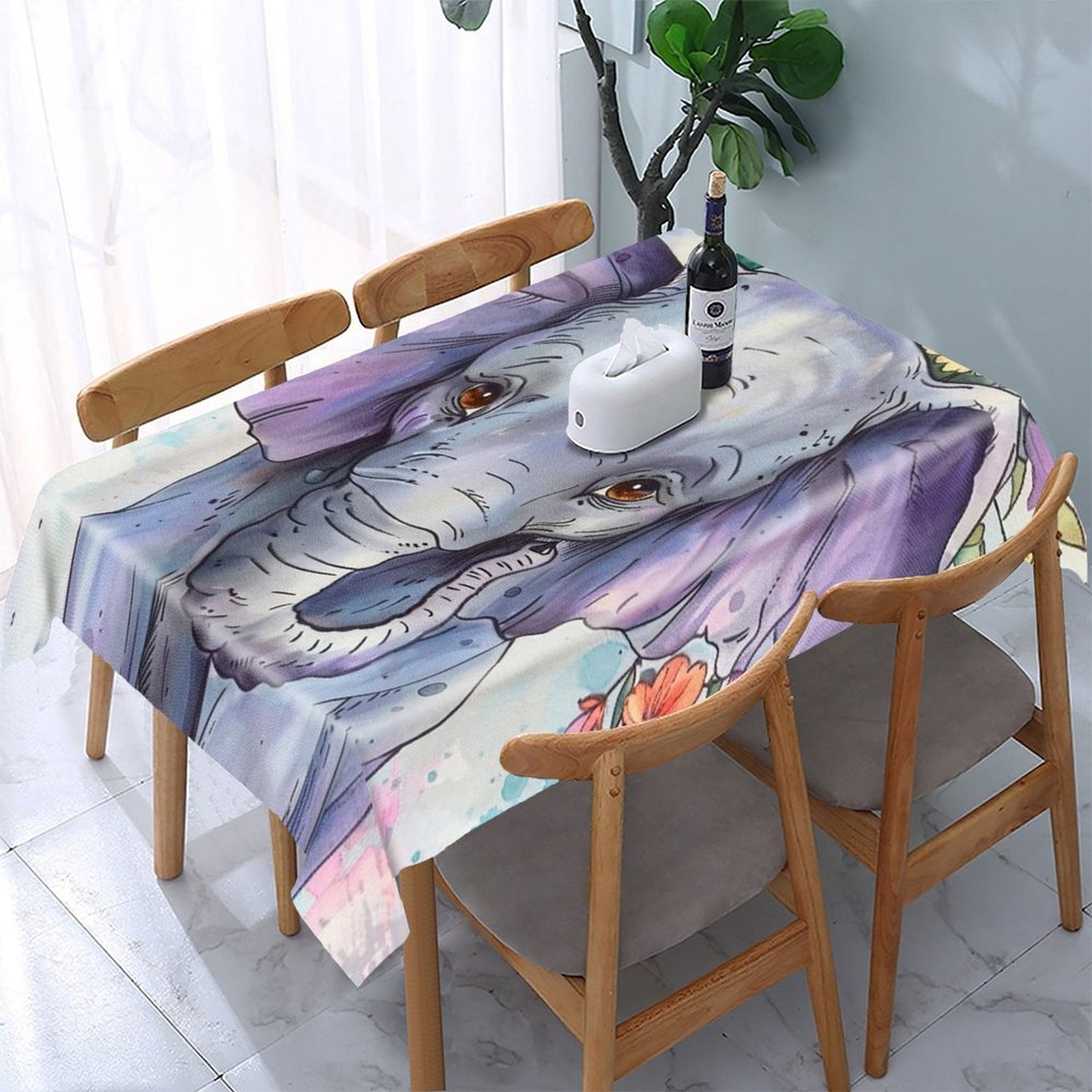 Chilfamy Elephant Flowers Watercolor Purple Rectangle Dining Tablecloth ...