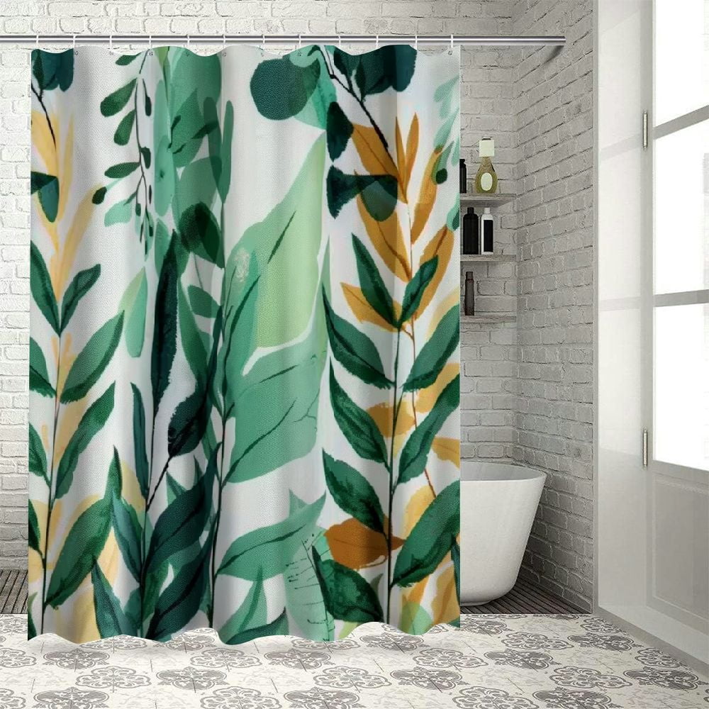 Chilfamy Emerald Green Shower Curtain, Plant Leaves Chic Fabric Shower ...