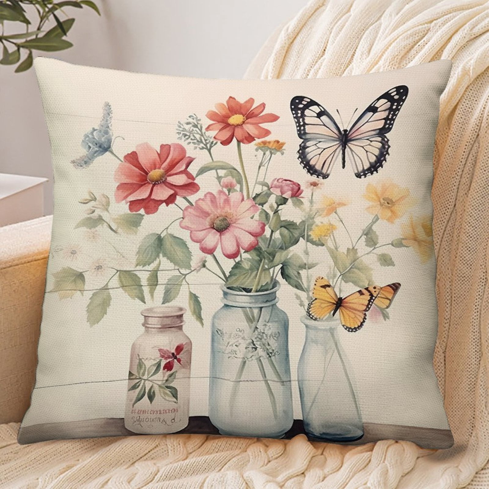 Chilfamy Envelope Throw Pillow Cover, Floral Butterfly Jar Watercolor ...