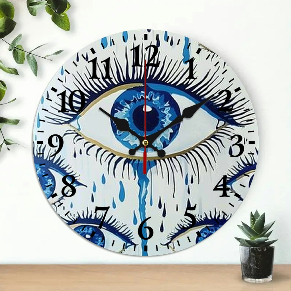 Chilfamy Eye Pattern Round Wooden Wall Clock for Home Decor Battery Operated Silent Mechanical ...