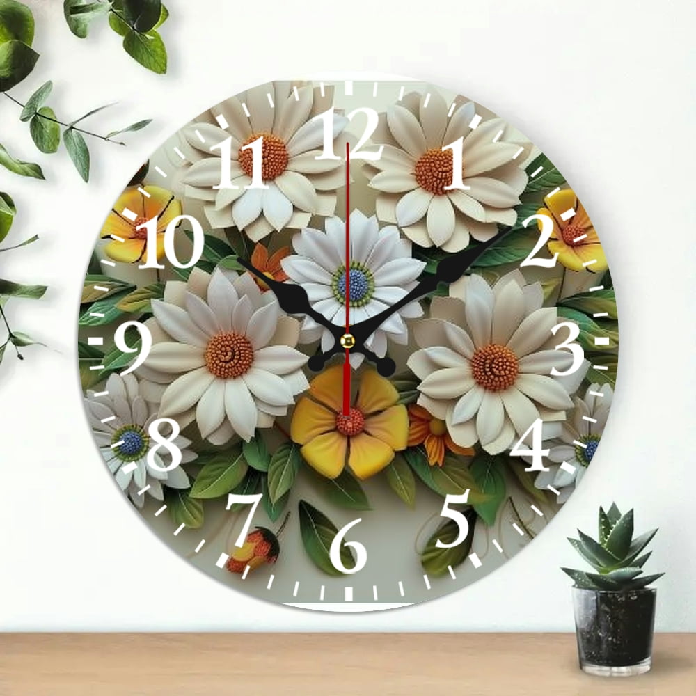 Chilfamy Fake Flowers Wall Decor Wooden Wall Clock Silent Mechanical ...