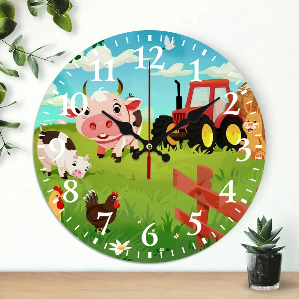 Chilfamy Farm Animals Tractor Chicken Cow Wooden Wall Clock Silent ...