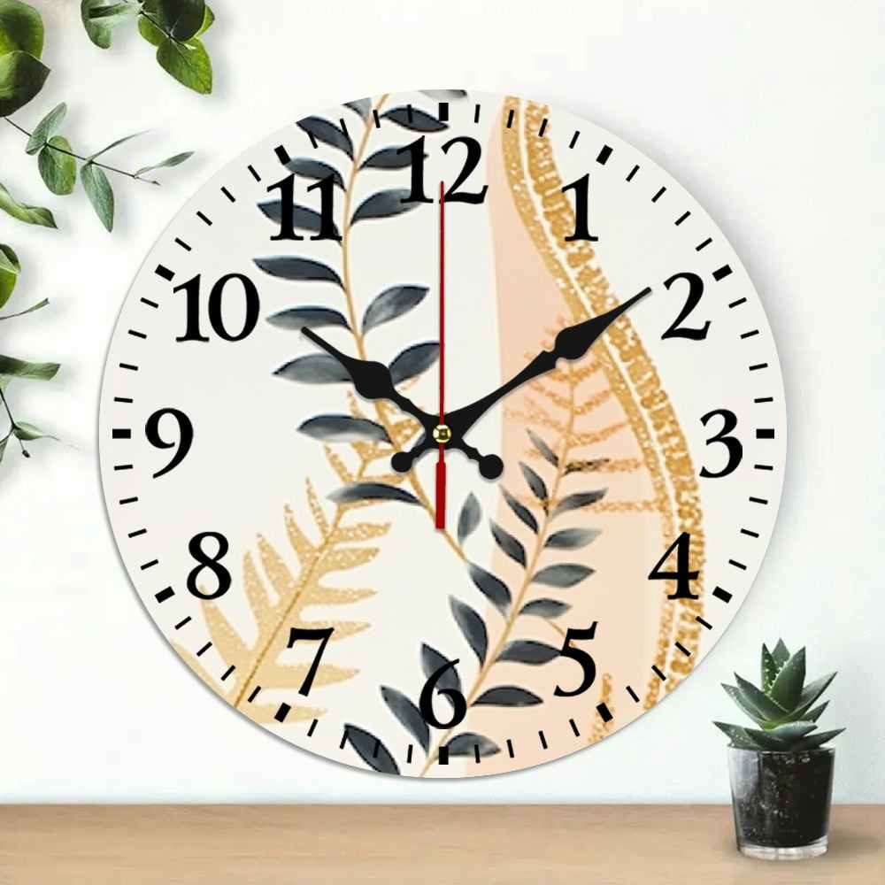 Chilfamy Fern Leaf Round Wooden Wall Clock for Home Decor Battery ...
