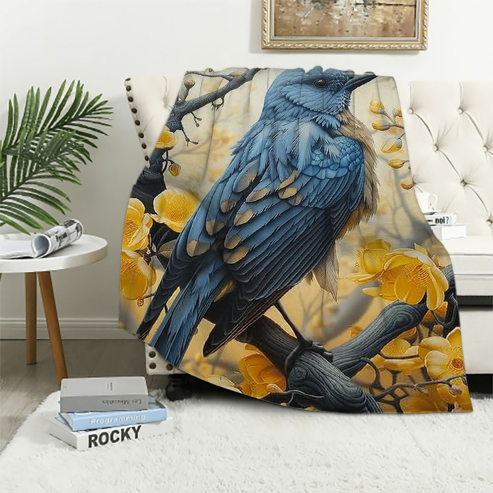 Chilfamy Fine Crafted Yellow Dusty Blue Grey Bird Flower Blanket Vintage Ink Painting Blue Bird ...