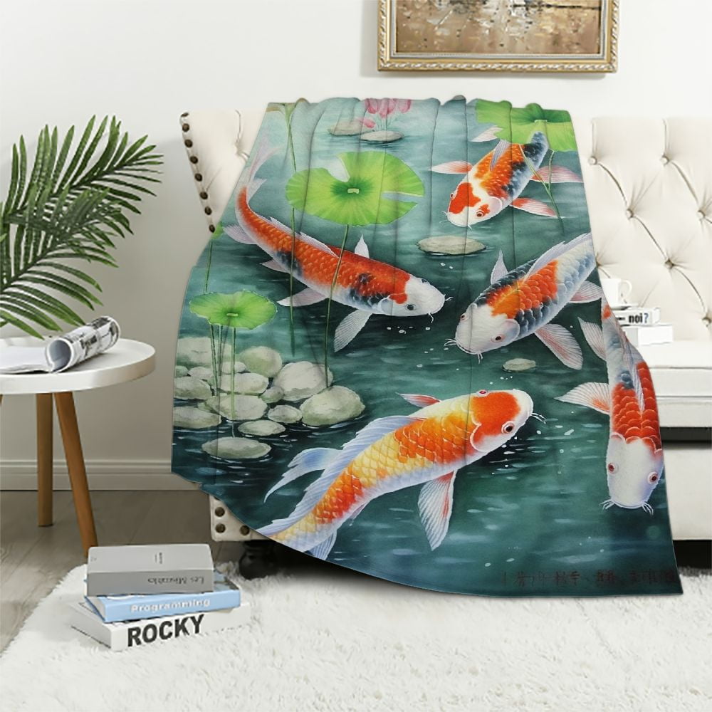 Chilfamy Fish Lily Pads Watercolor Painting Flannel Throw Blanket for ...