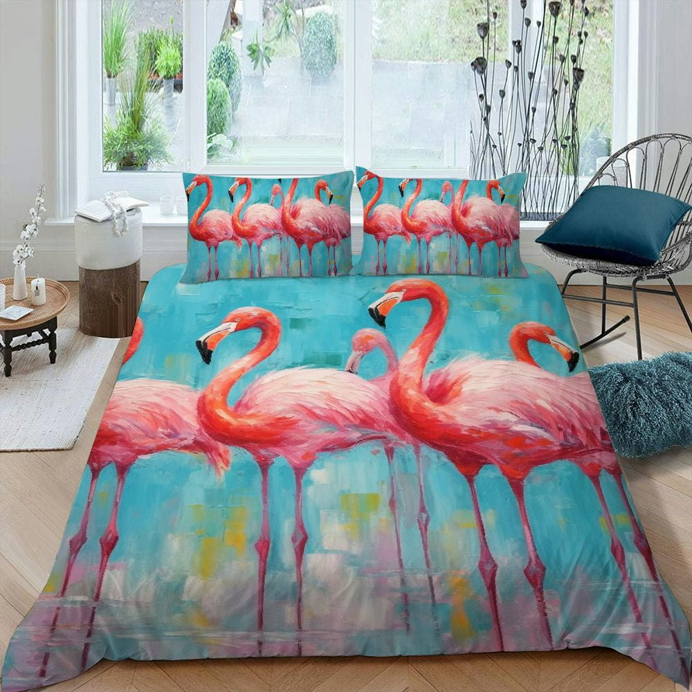 Chilfamy Flamingo 3-Piece Bedding Set Lightweight and Soft Peach Skin Velvet Bedroom Guest Room ...