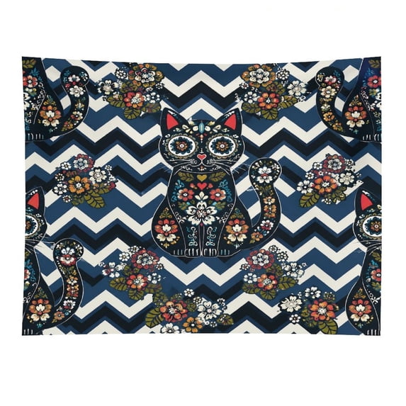 Chilfamy Floral Cat Chevron Pattern Polyester Wall Tapestry Anti ...