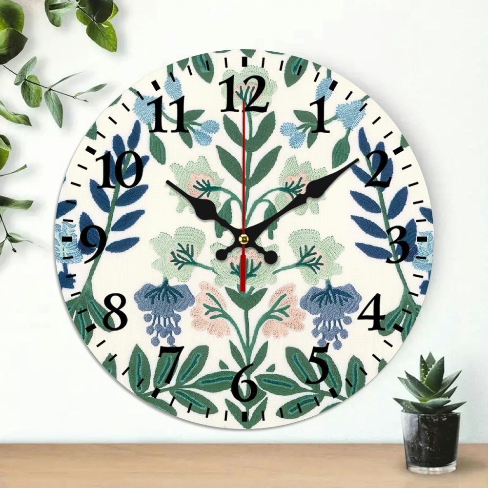 Chilfamy Floral Pattern Green Leaves Flowers Wall Clock 10 Inches ...