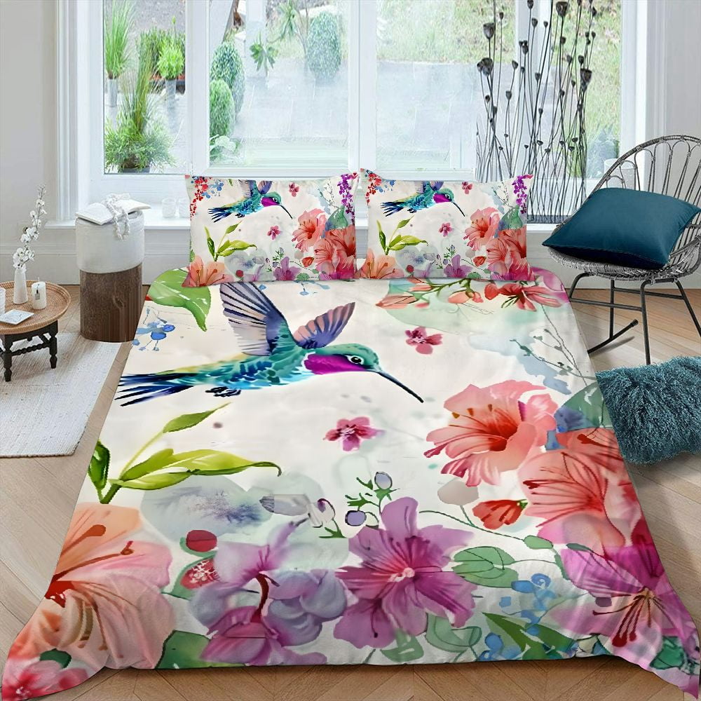 Chilfamy Floral Print Hummingbird 3-Piece Bedding Set High Quality ...