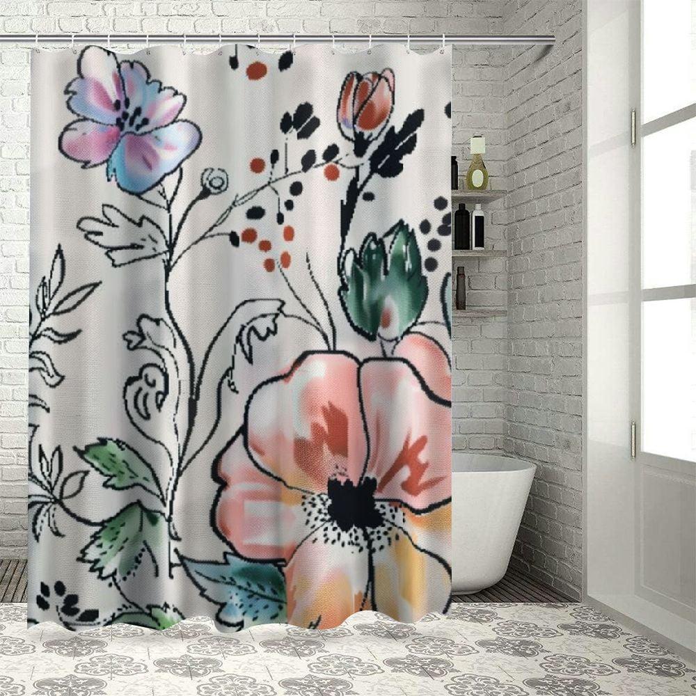 Chilfamy Floral Shower Curtain, Washable Cloth Spring Black Ink Blooms ...