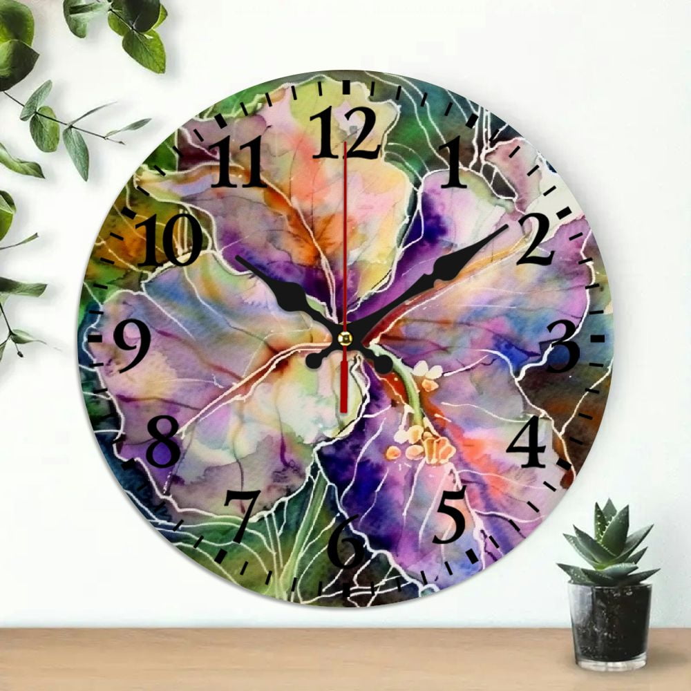 Chilfamy Flower Leaves Watercolor Wall Clock Decor 10-inch Round Silent ...