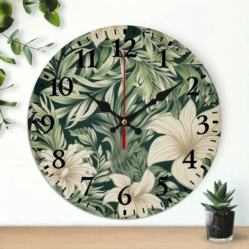 Chilfamy Flower Pattern Green Leafy Design Wooden Wall Clock Wall Decor ...