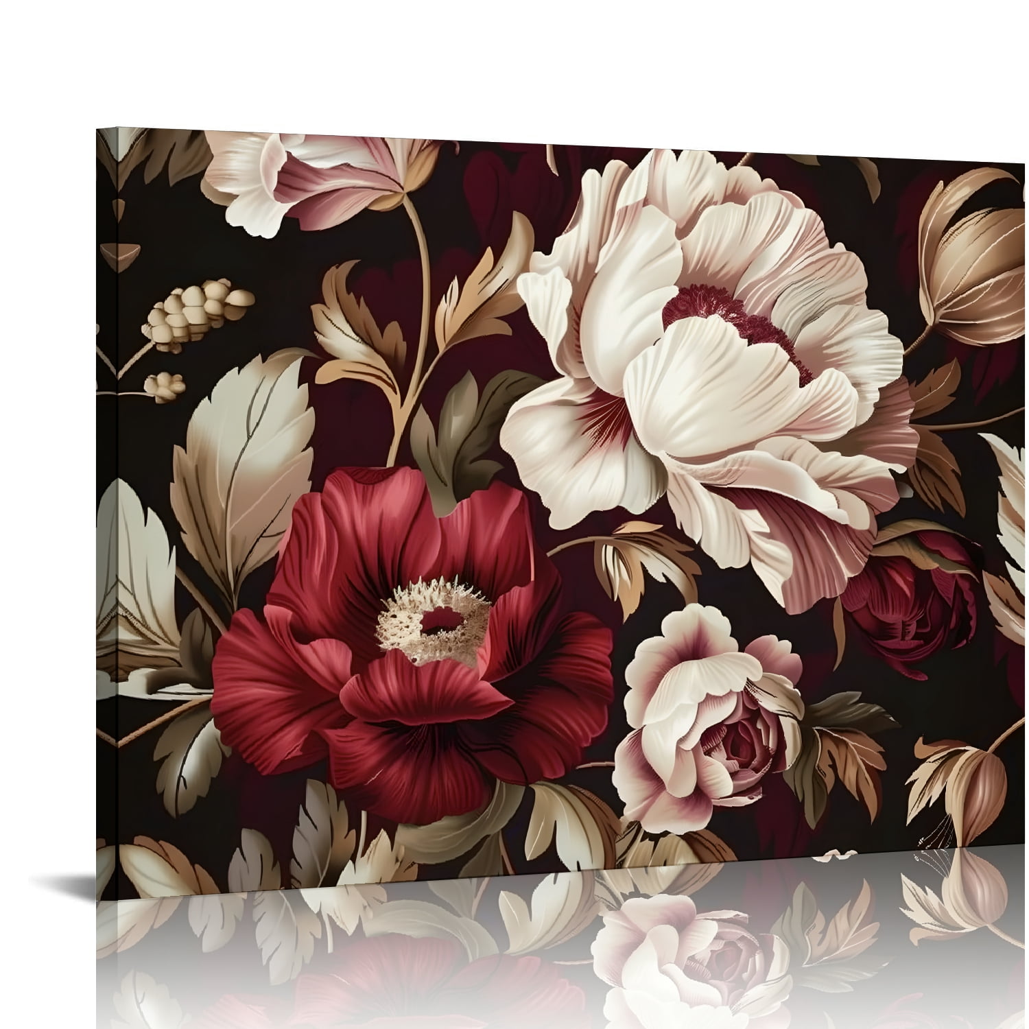 Chilfamy Flower Pattern Maroon Background White Flowers Canvas Wall Art ...