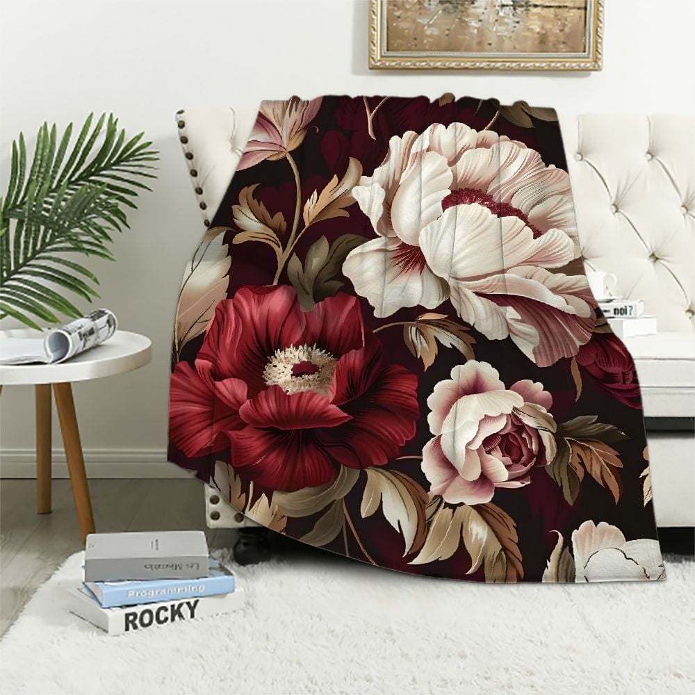 Chilfamy Flower Pattern Maroon Background White Flowers Print Throw ...