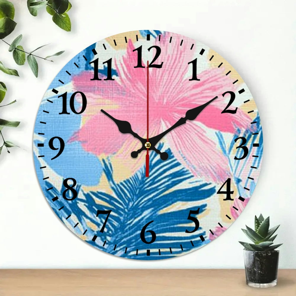 Chilfamy Flower Pattern Pink Blue Theme Wall Clock 10 Inch Wooden Clock ...