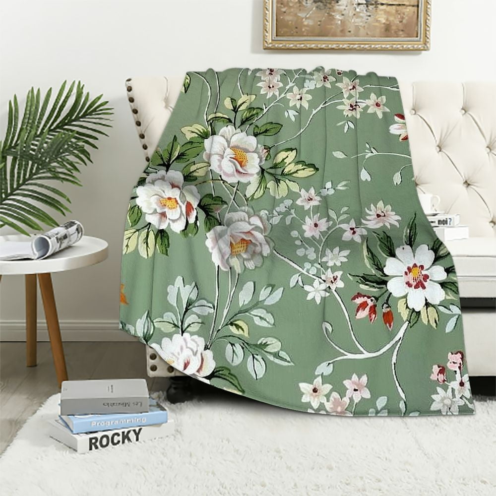 Chilfamy Flower Throw Blanket White Flower and Green Leaves Print ...