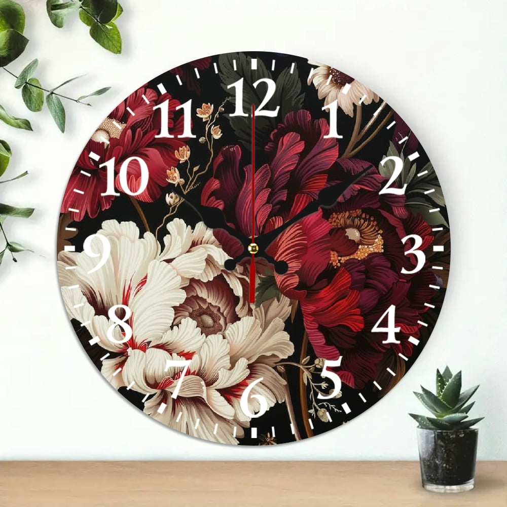 Chilfamy Flowers Baroque Painting Wooden Wall Clock 10 Inch Frameless ...