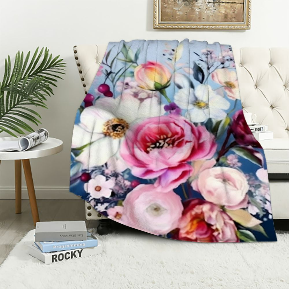 Chilfamy Flowers Bouquet Blue Background Cozy Throw Blanket for Bedroom ...