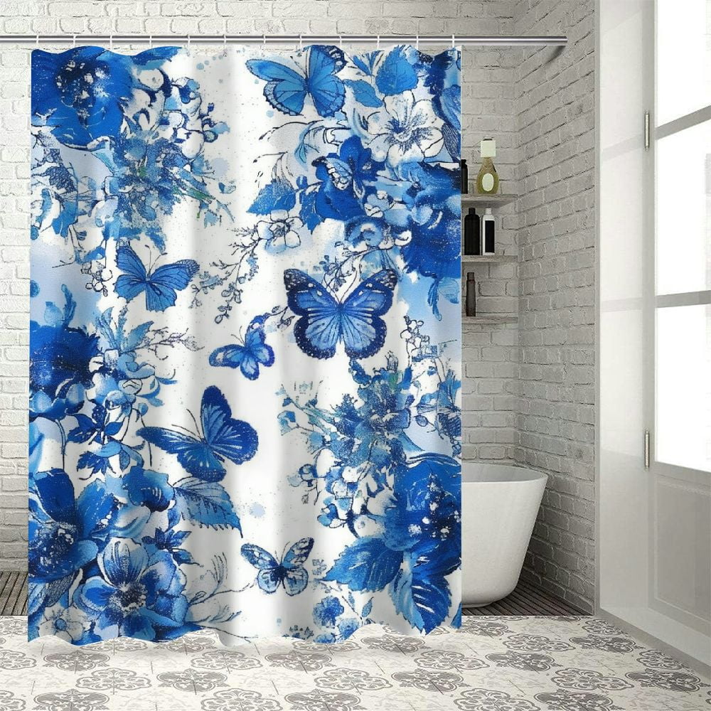 Chilfamy Flowers Butterflies Blue Waterproof Bathroom Shower Curtain ...