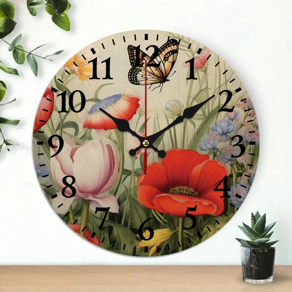 Chilfamy Flowers Butterflies Painting Wall Clock for Living Room Decor ...