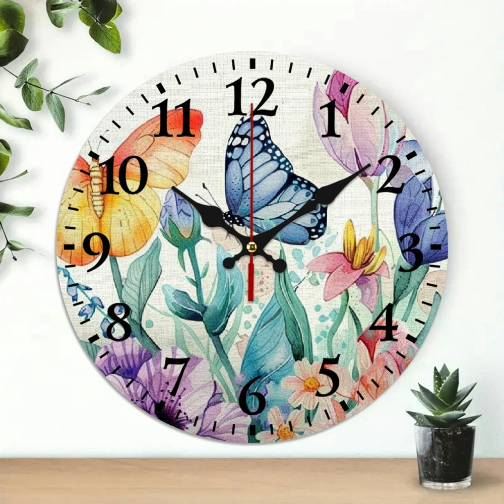 Chilfamy Flowers Butterflies Watercolor Wall Clock Hanging Decor for ...