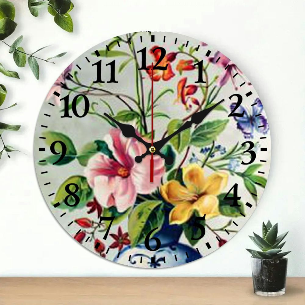 Chilfamy Flowers Butterfly Round Wooden Wall Clock Frameless Decorative ...