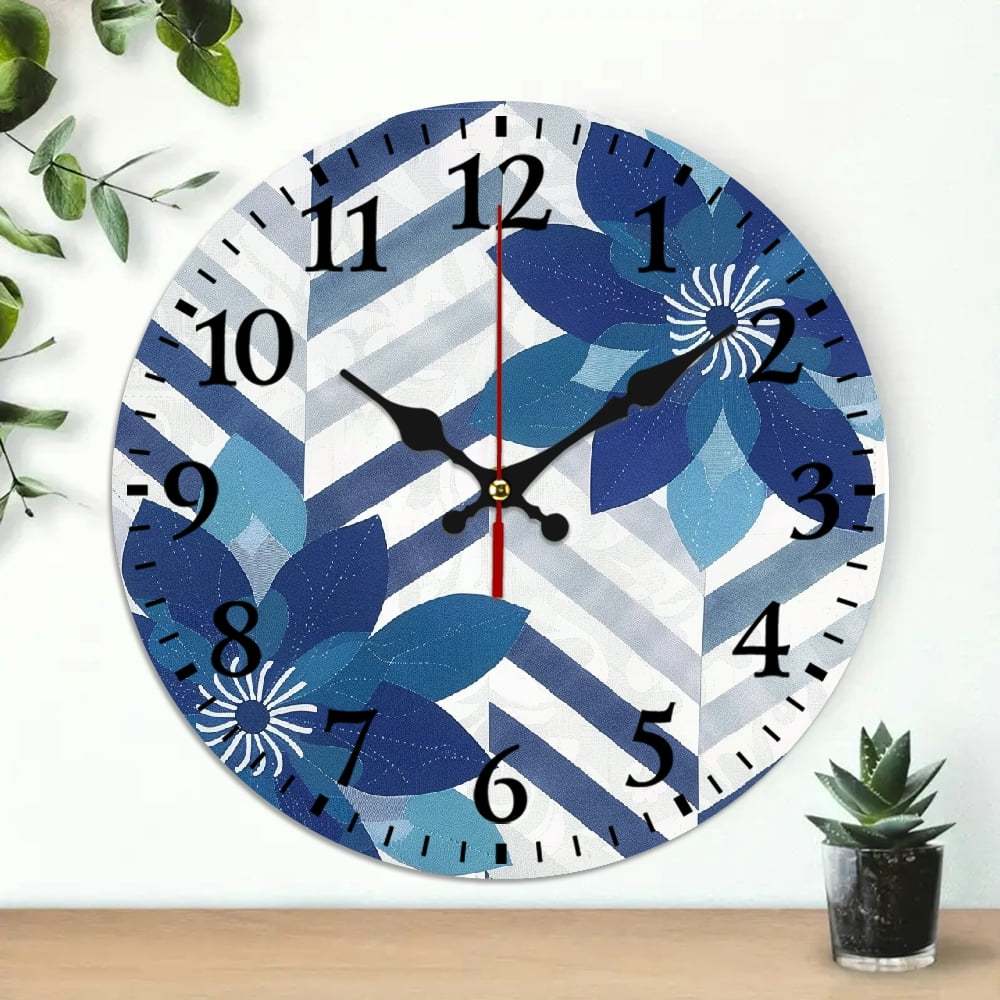 Chilfamy Flowers Chevron Background Blue and White Wall Clock - Perfect ...