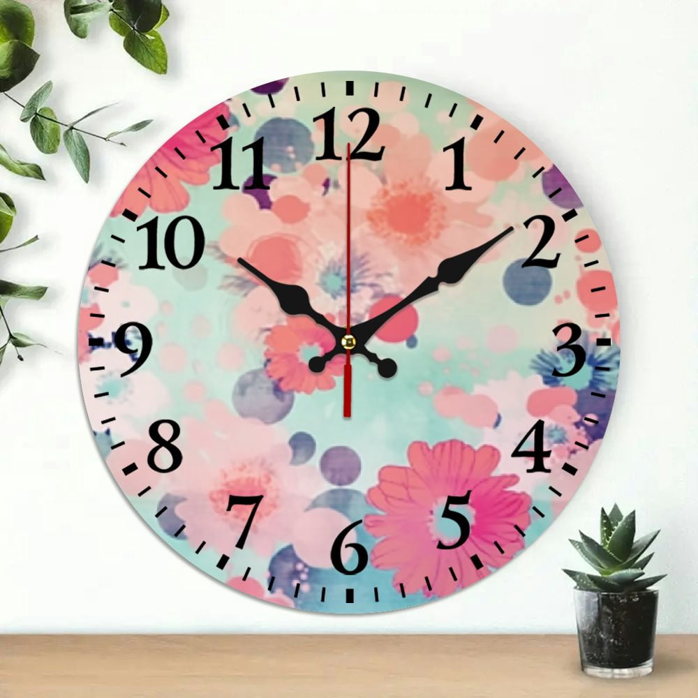 Chilfamy Flowers Dots Circles Wall Clock Silent Mechanical Movement for ...