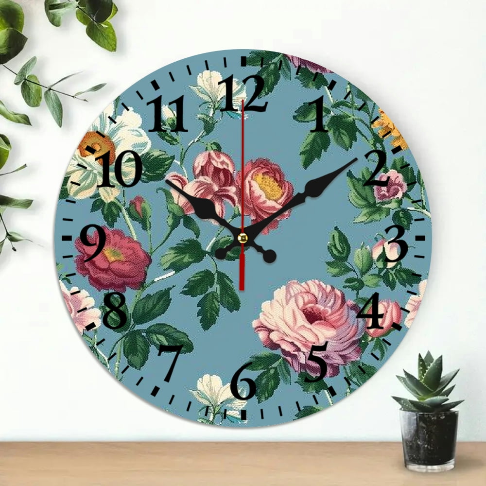 Chilfamy Flowers Floral Pattern Round Wooden Wall Clock Home Decor ...