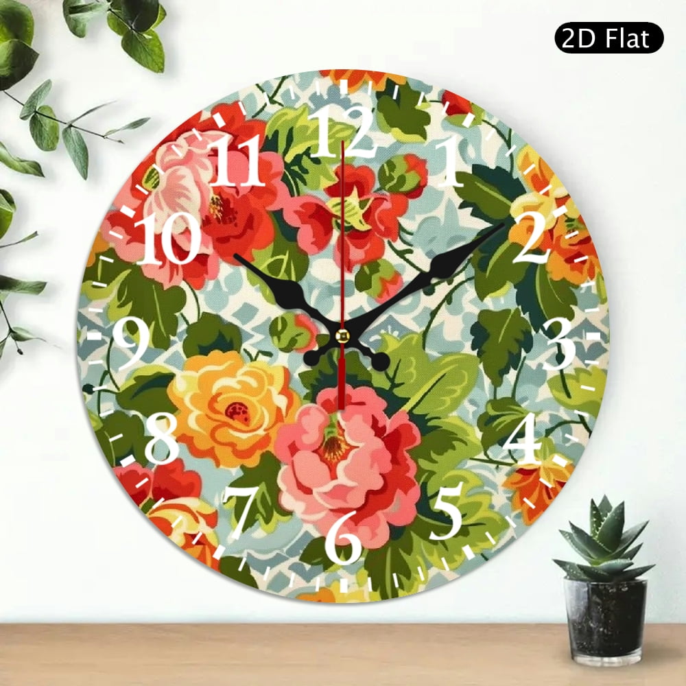 Chilfamy Flowers Flowery Pattern Wall Clock Silent Mechanical Movement ...