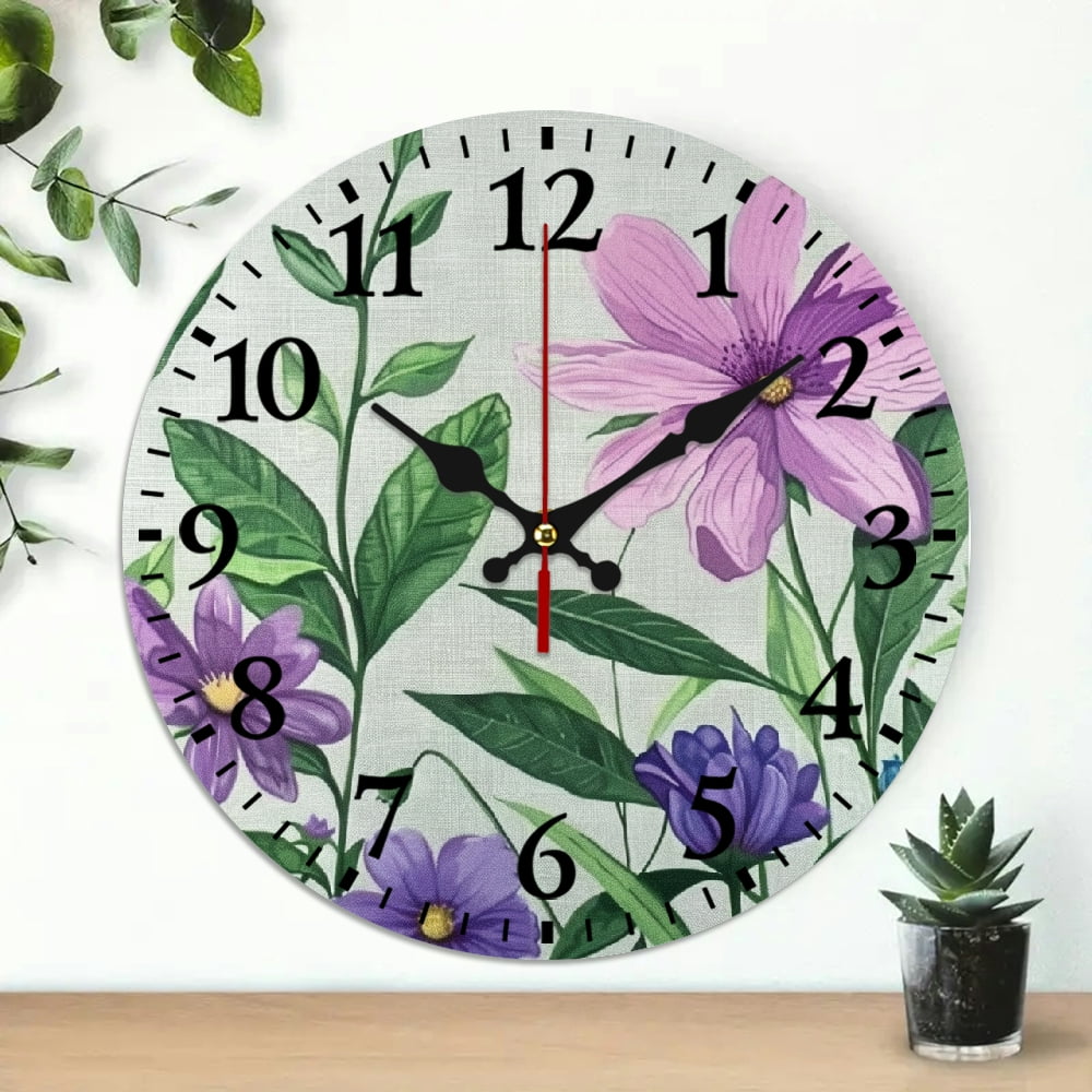 Chilfamy Flowers Green Leaves Purple Flowers Wall Clock 10 Inches ...