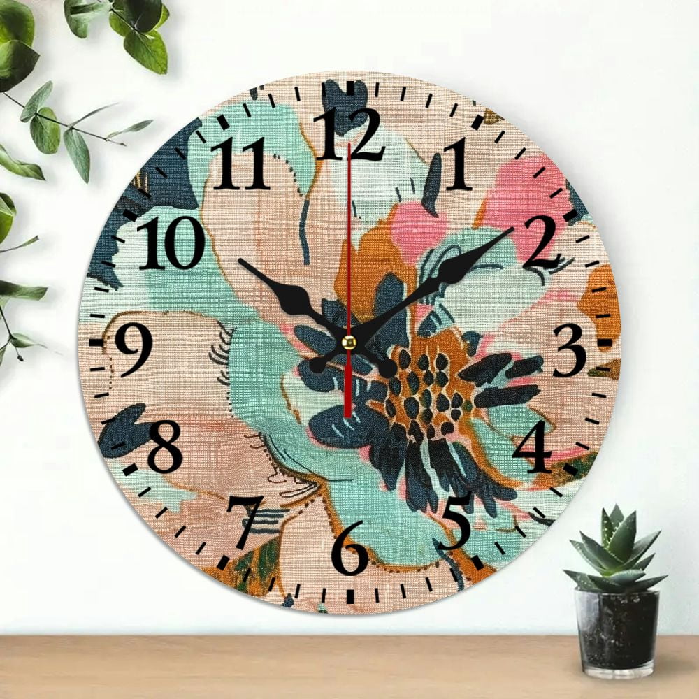 Chilfamy Flowers Round Wooden Wall Clock Decorative Battery Operated 10 ...