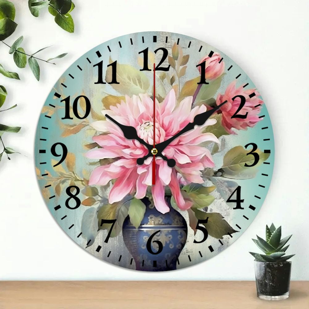 Chilfamy Flowers Vase Pink Wooden Wall Clock Wall Hanging Decor 10 ...