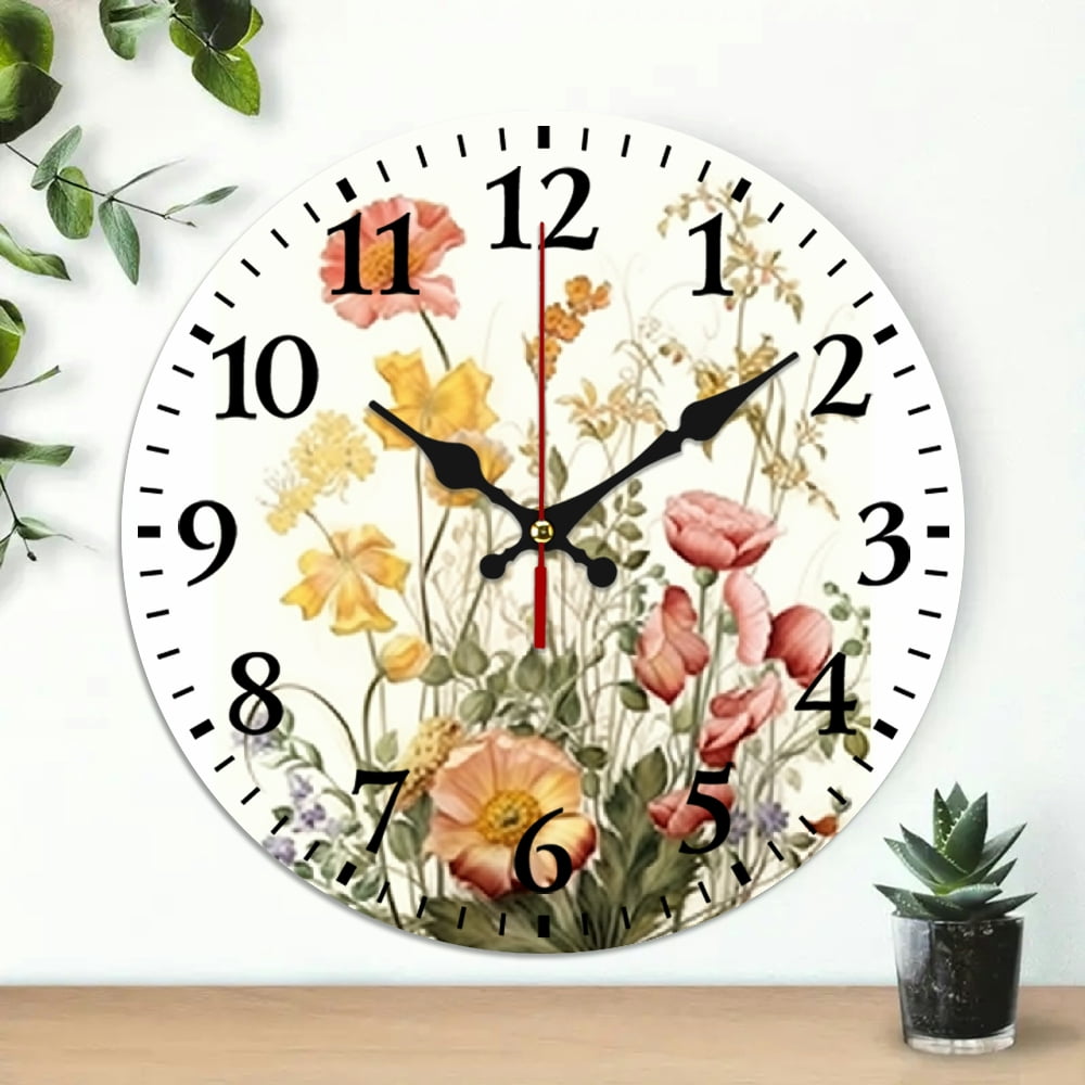 Chilfamy Flowers Wooden Wall Clock Wall Hanging Decor 10-inch Frameless ...